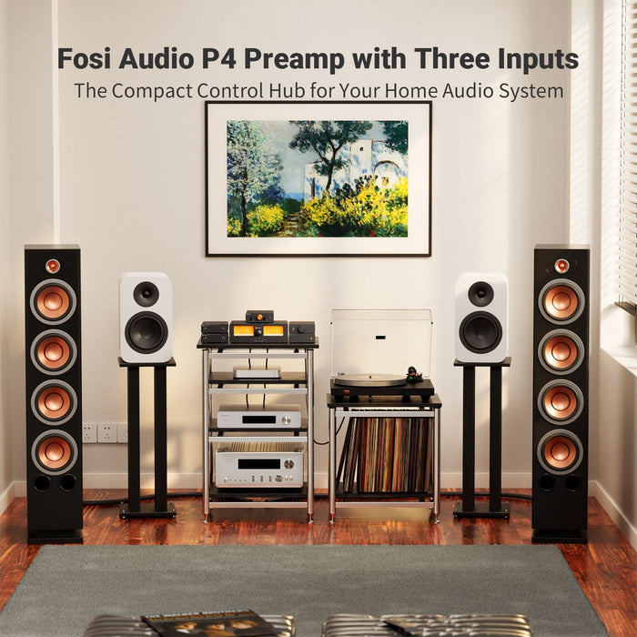 Fosi Audio P4 Mini Preamp with 3 RCA Inputs and Bass & Treble Control