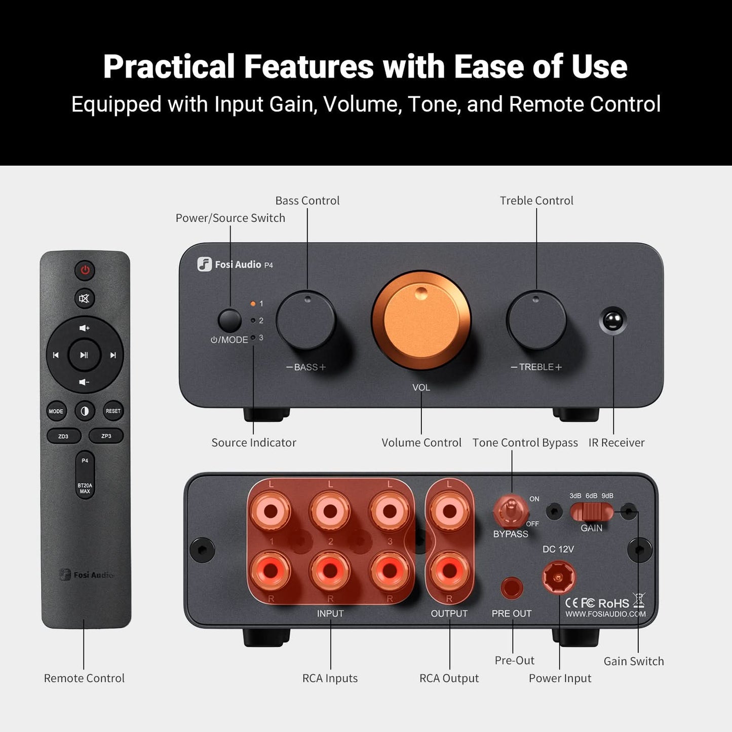 Fosi Audio P4 Mini Preamp with 3 RCA Inputs and Bass & Treble Control